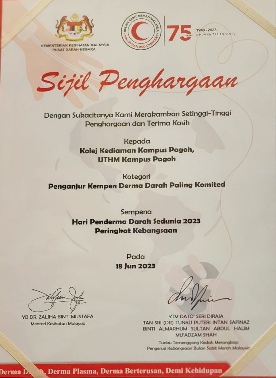 UTHM diiktiraf sebagai Penganjur Kempen Derma Darah Paling Komited ...